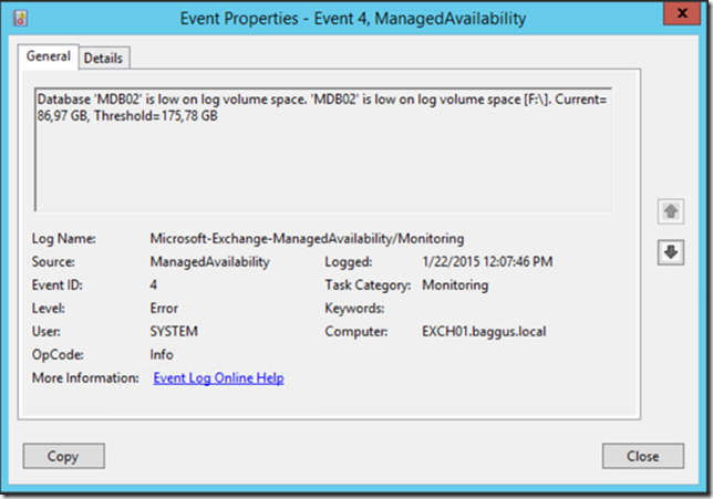 Database MDB02 is low on log volume space | Jaap Wesselius